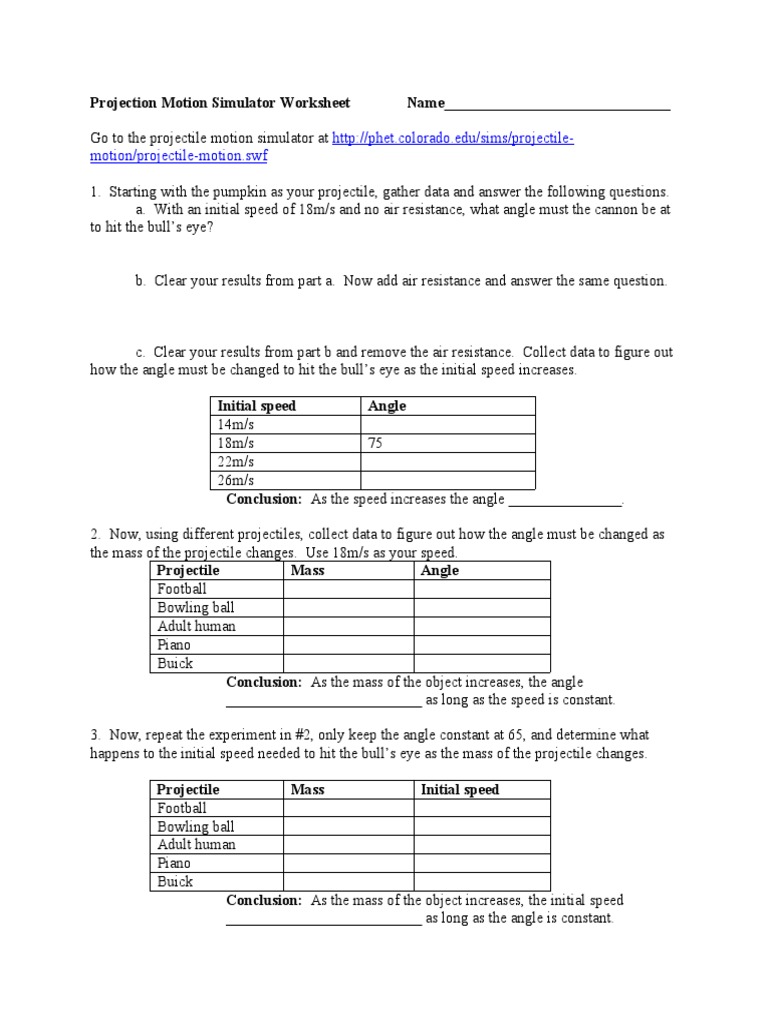 Projectile Motion Simulator Worksheet | PDF | Projectiles | Drag (Physics)