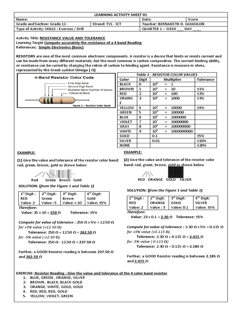 Learning Activity Sheet 1 Pdf Resistor Color