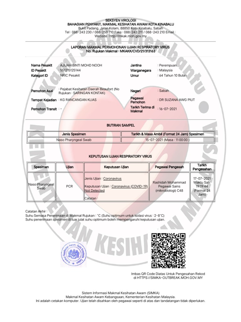 Cetakan Laporan Makmal MKAKK - CVD - 21 - 313163. (Imbas QR Code ...