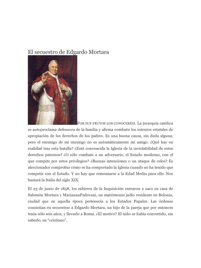 El caso Edgardo Mortara | PDF | Papa | Iglesia Católica