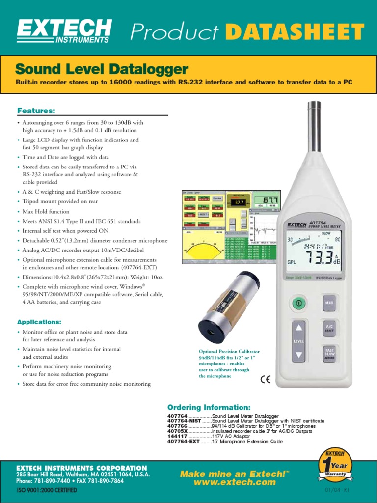 Extech 407764 Datasheet | PDF | Microphone | Computer Engineering