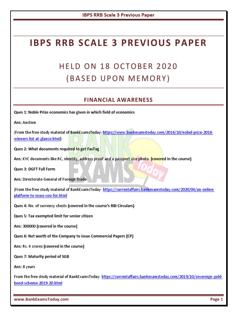 IBPS RRB SCALE 3 Previous Paper | PDF | Area | Business