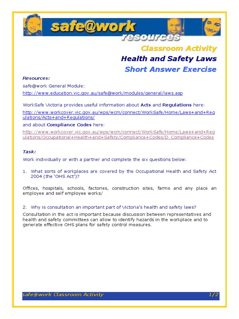 Health Safety Laws Short Answer Exercise | PDF | Occupational Safety ...
