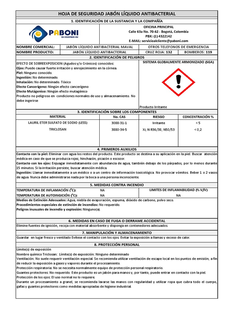 Ficha de Seguridad - JABÓN ANTIBACTERIAL MAVAL | PDF | Toxicidad | Mercancías peligrosas