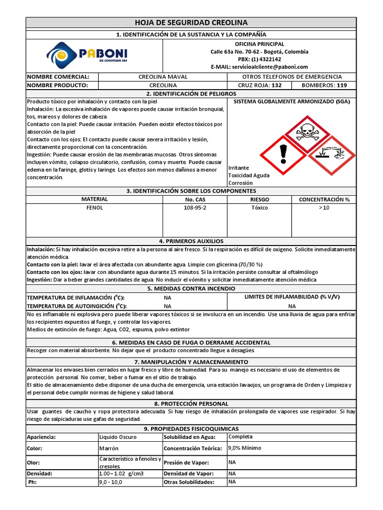 Ficha de Seguridad - CREOLINA MAVAL | PDF | Toxicidad | Agua