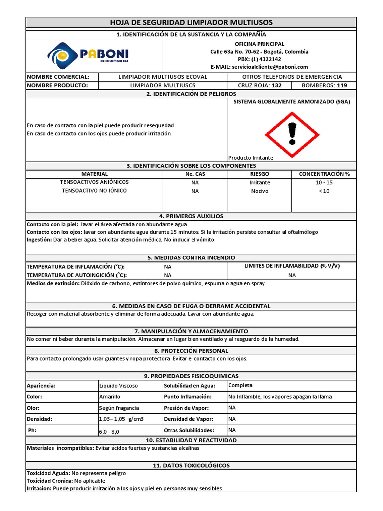 Ficha de Seguridad - LIMPIADOR MULTIUSOS | PDF | Agua | Química