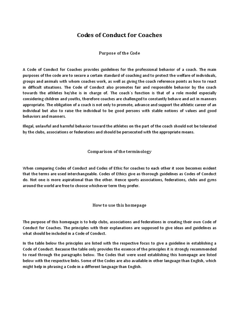 Codes of Conduct F or Coaches: Purpose of The Code | PDF | Sports ...