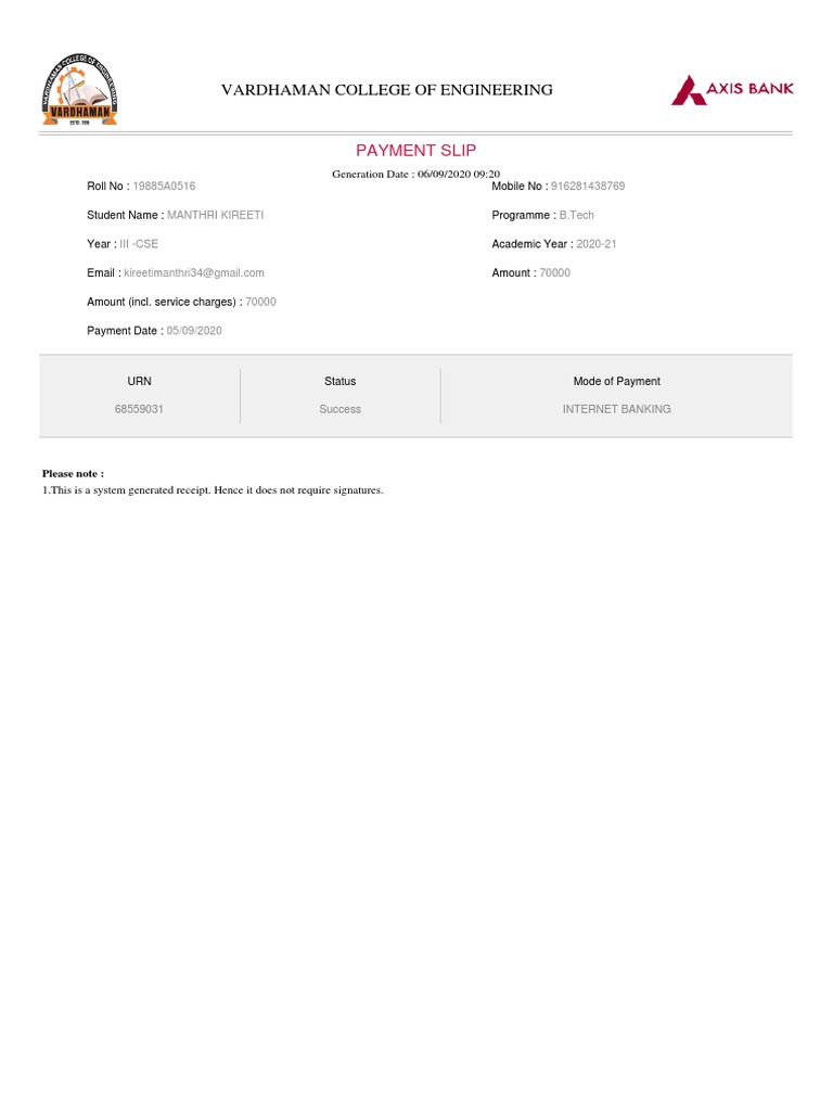 Vardhaman College of Engineering: Payment Slip | PDF