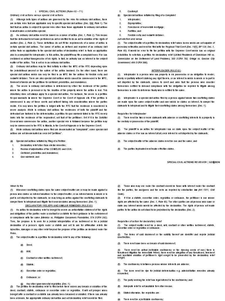 I. Special Civil Actions (Rules 62 - 71) Ordinary Civil Actions Versus ...