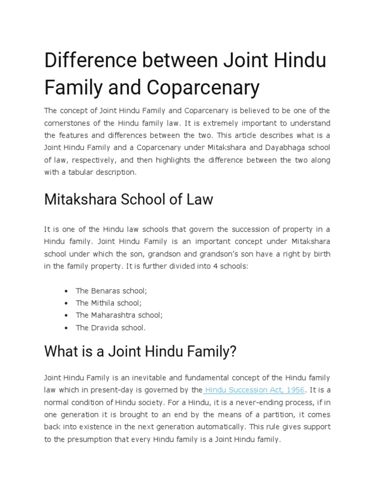 Joint Hindu Family vs. Coparcenary Explained | PDF | Concurrent Estate ...