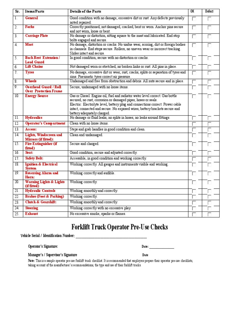 Forklift Pre-Use Inspection Checklist | PDF | Forklift | Truck