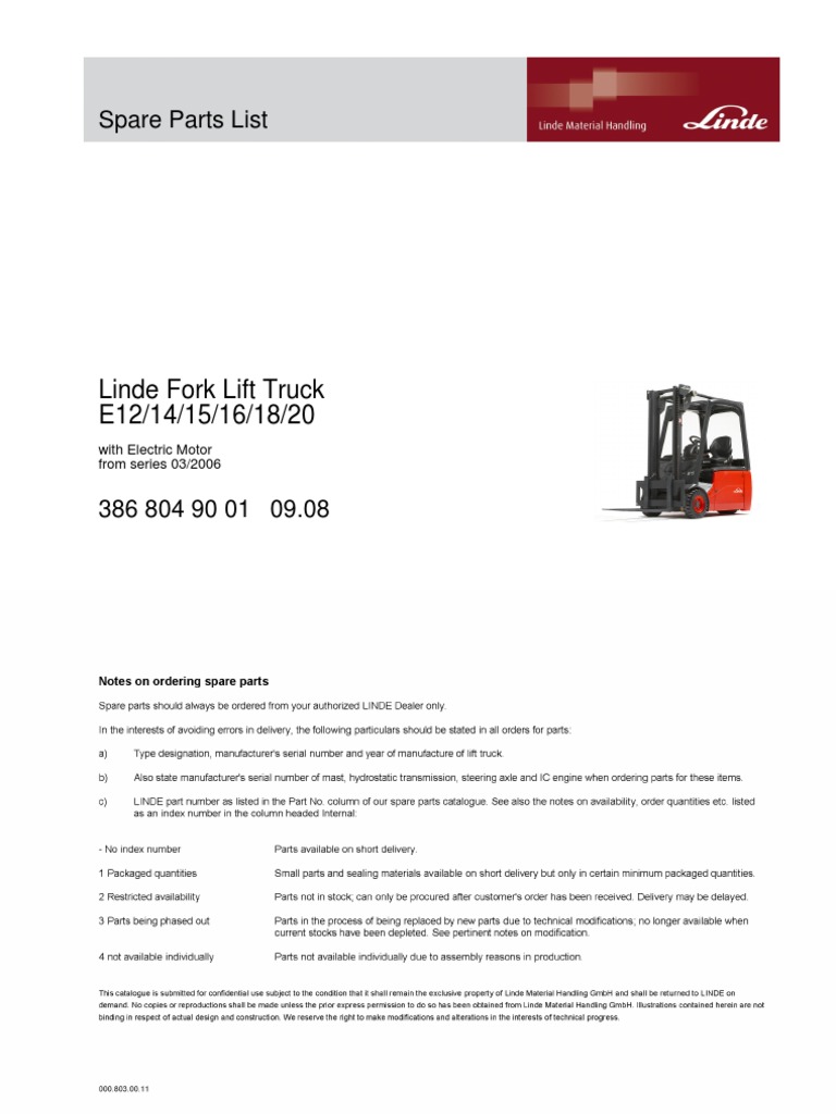 Spare Parts List: Linde Fork Lift Truck E12/14/15/16/18/20 | PDF ...