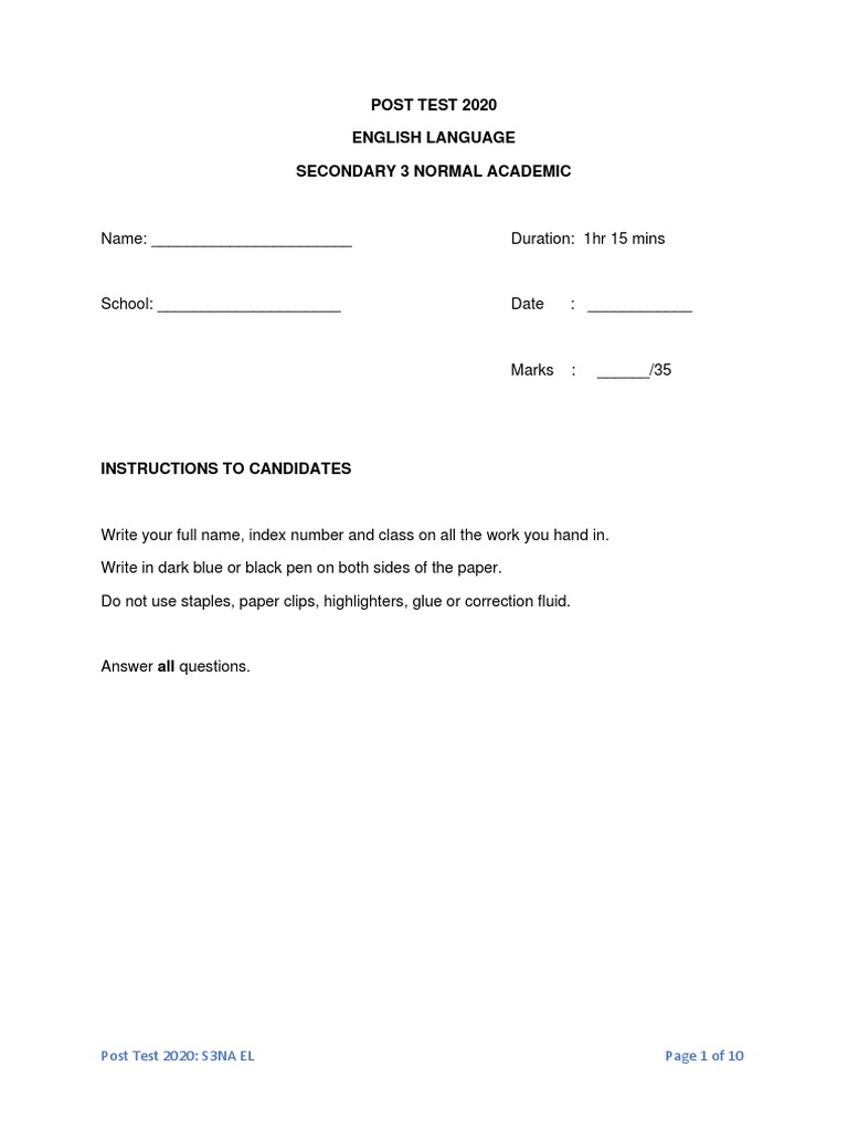 Sec 3NA EL Post Test Paper 2020 | PDF | Seafood | Nature