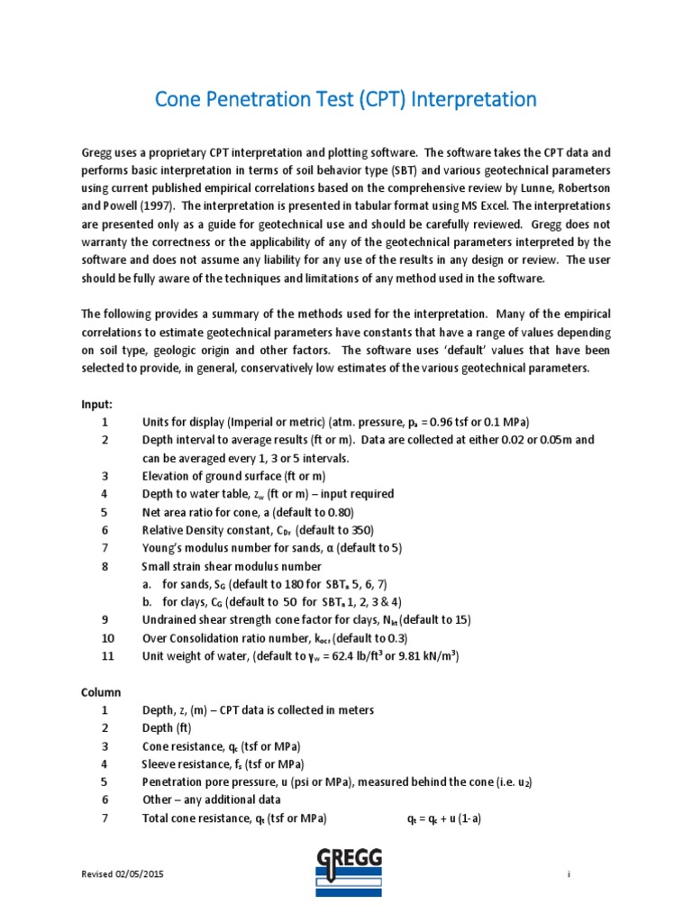 Cone Penetration Test (CPT) Interpretation: Input | PDF | Silt | Soil ...