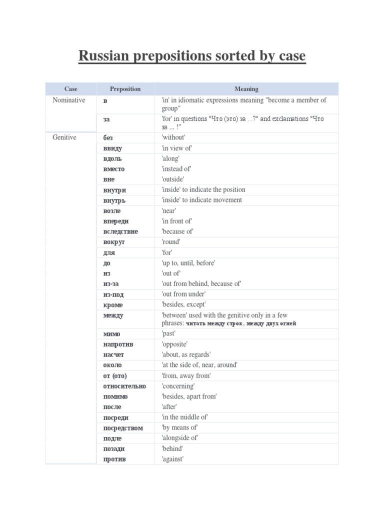 Russian Prepositions Sorted by Case | PDF | Preposition And ...