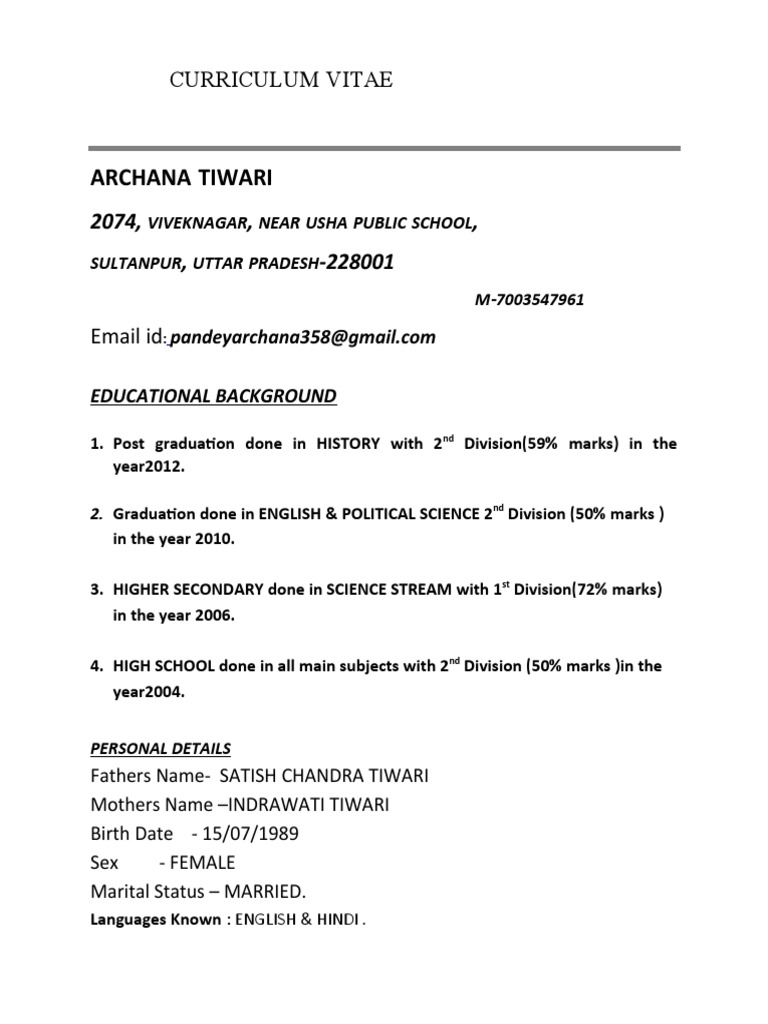 Archana Tiwari: Curriculum Vitae | PDF