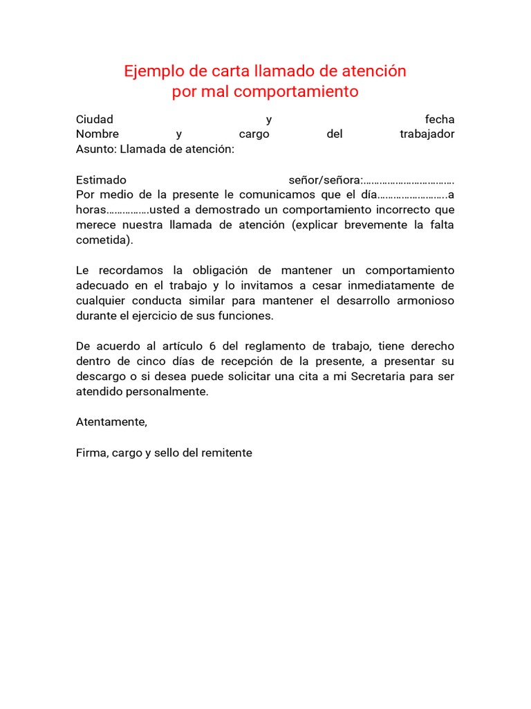 Ejemplo de Carta Llamado de Atención Mal Comportamienti | PDF