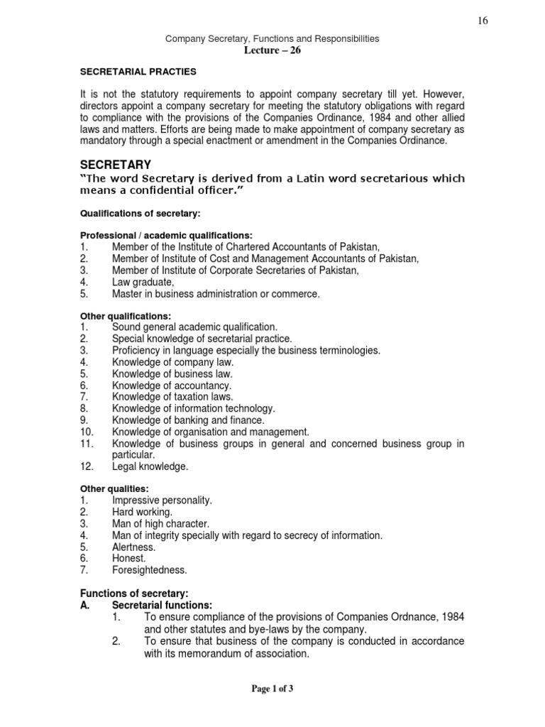 16-Company Secretary, Functions and Responsibilities | PDF | Accountant ...