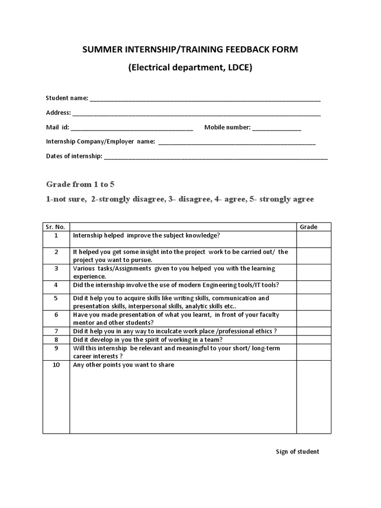 Electrical Internship Feedback Form | PDF