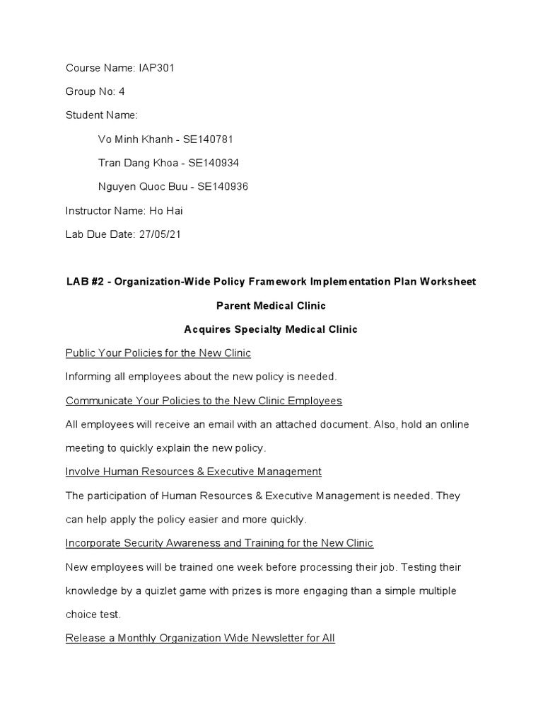LAB #2 - Organization-Wide Policy Framework Implementation Plan ...