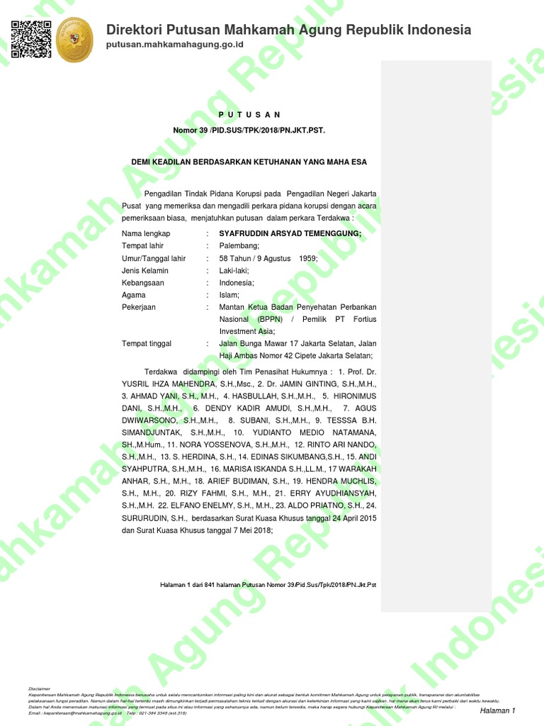 Putusan 39 Pid - Sus-Tpk 2018 PN JKT - PST 20210727 | PDF
