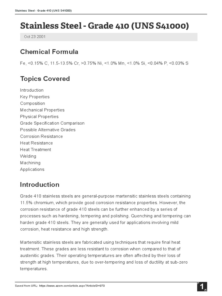 Stainless Steel Grade 410 (UNS S41000) | PDF | Stainless Steel | Steel