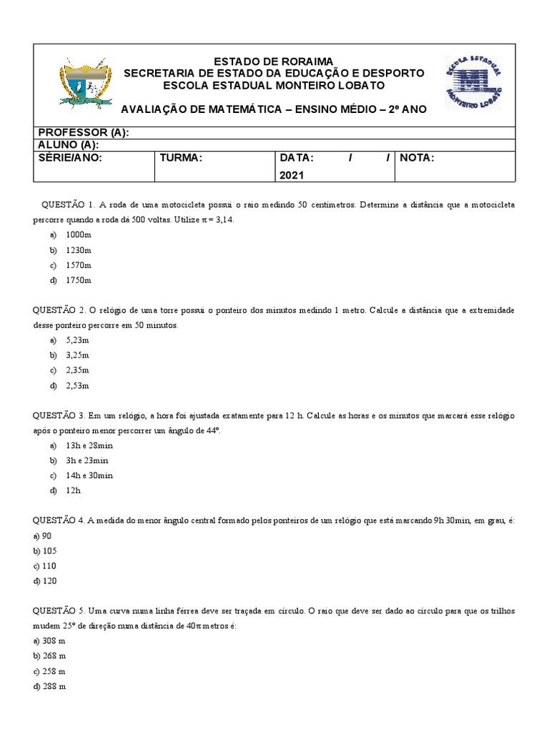 Ativ 2 Ano EMedio | PDF | Triângulo | Formas geométricas