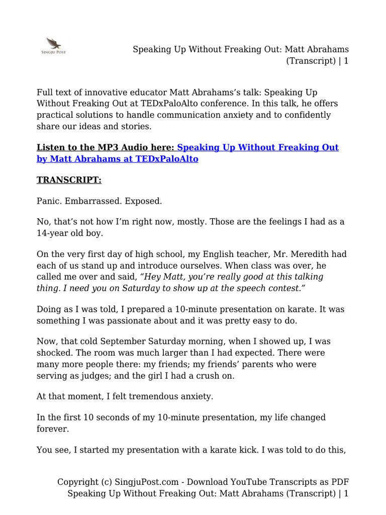 Speaking Up Without Freaking Out - Matt Abrahams Transcript | PDF | Anxiety | Attention