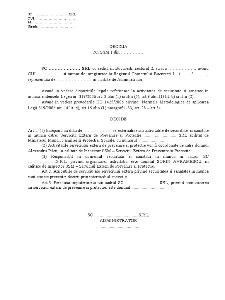 Decizie Externalizare Servicii SSM | PDF