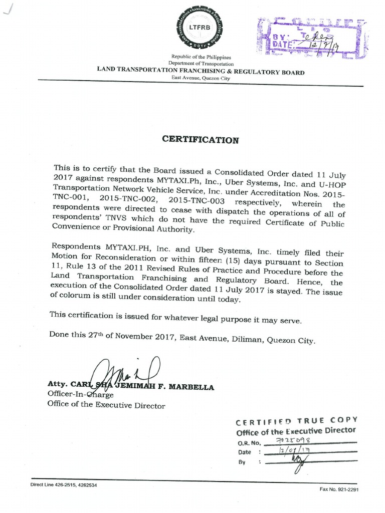 LTFRB Certification | PDF