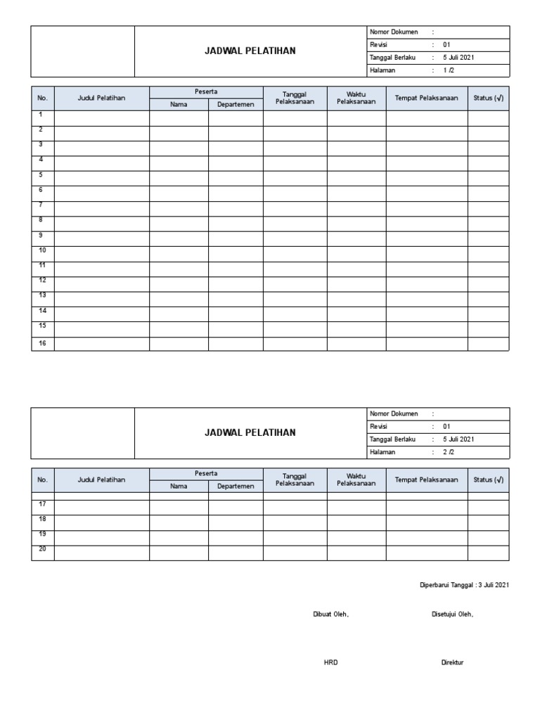 Form 09 Jadwal Pelatihan | PDF