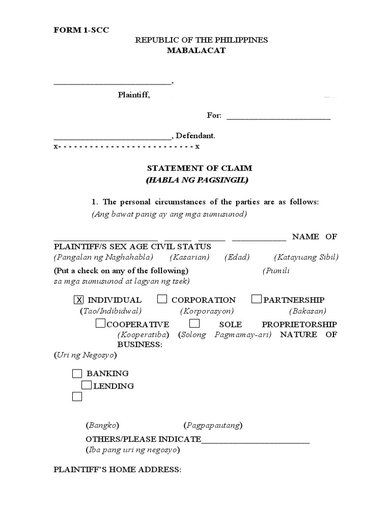 Form 1-Scc Mabalacat: (Ang Bawat Panig Ay Ang Mga Sumusunod) | PDF | Lawsuit | Settlement ...