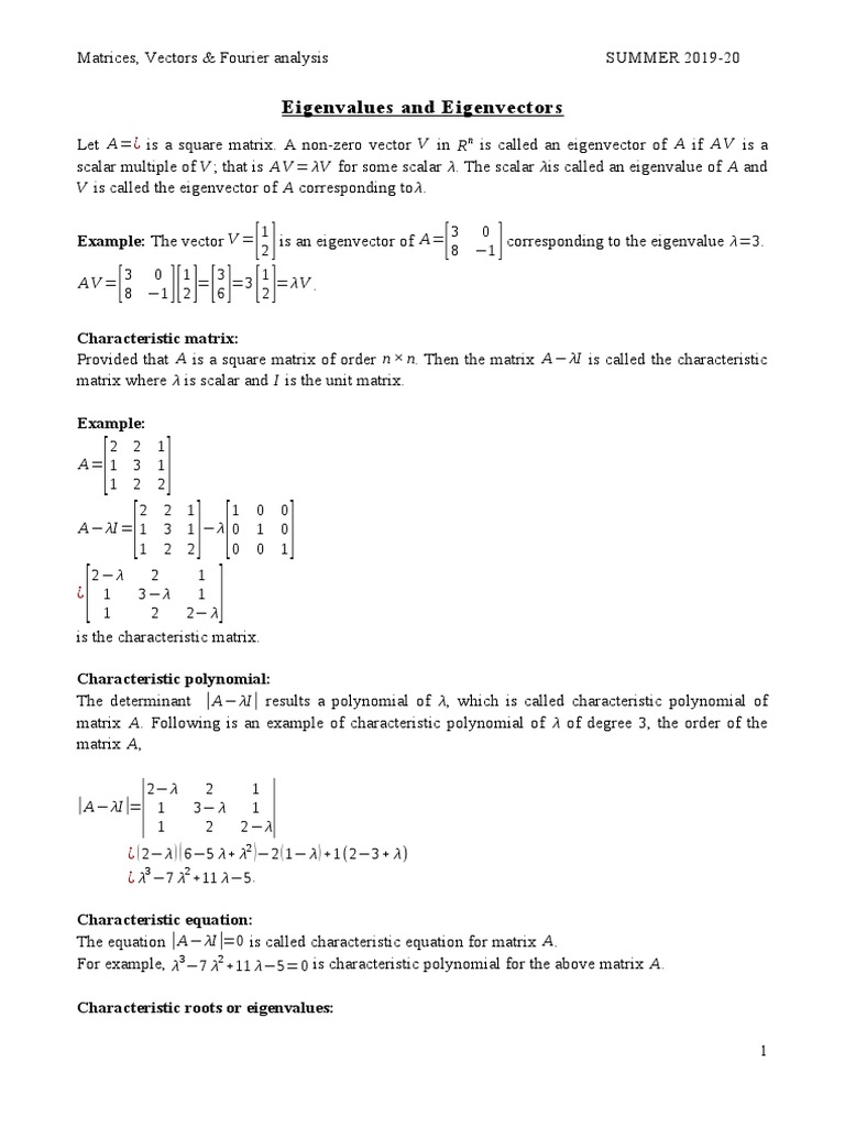Eigenvalues, Eigenvectors and Vector Space - SUMMER 2019-20 | Download Free PDF | Eigenvalues ...
