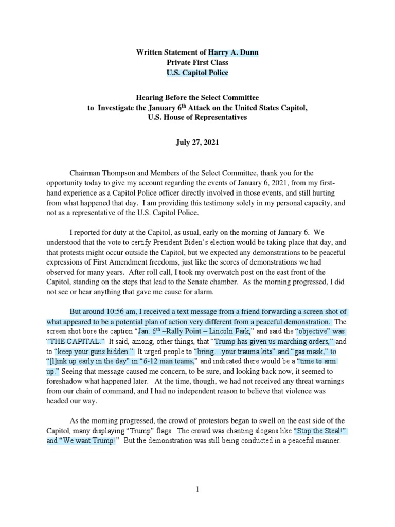 USCP Officer Dunn Written Testimony July 27th | PDF | Violence | Police