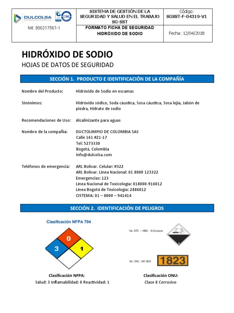 Sgsst-f-04319-V1 Ficha de Seguridad Hidróxido de Sodio | PDF | Magnesio | Quemar