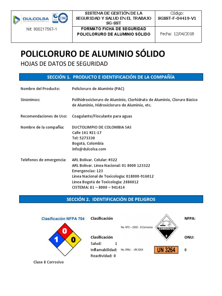 Sgsst-f-04419-V1 Ficha de Seguridad Policloruro de Aluminio Sólido | PDF | Agua | Sal (química)