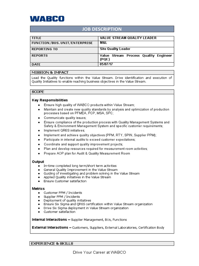Value Stream Quality Leader Role | PDF | Quality Management | Six Sigma