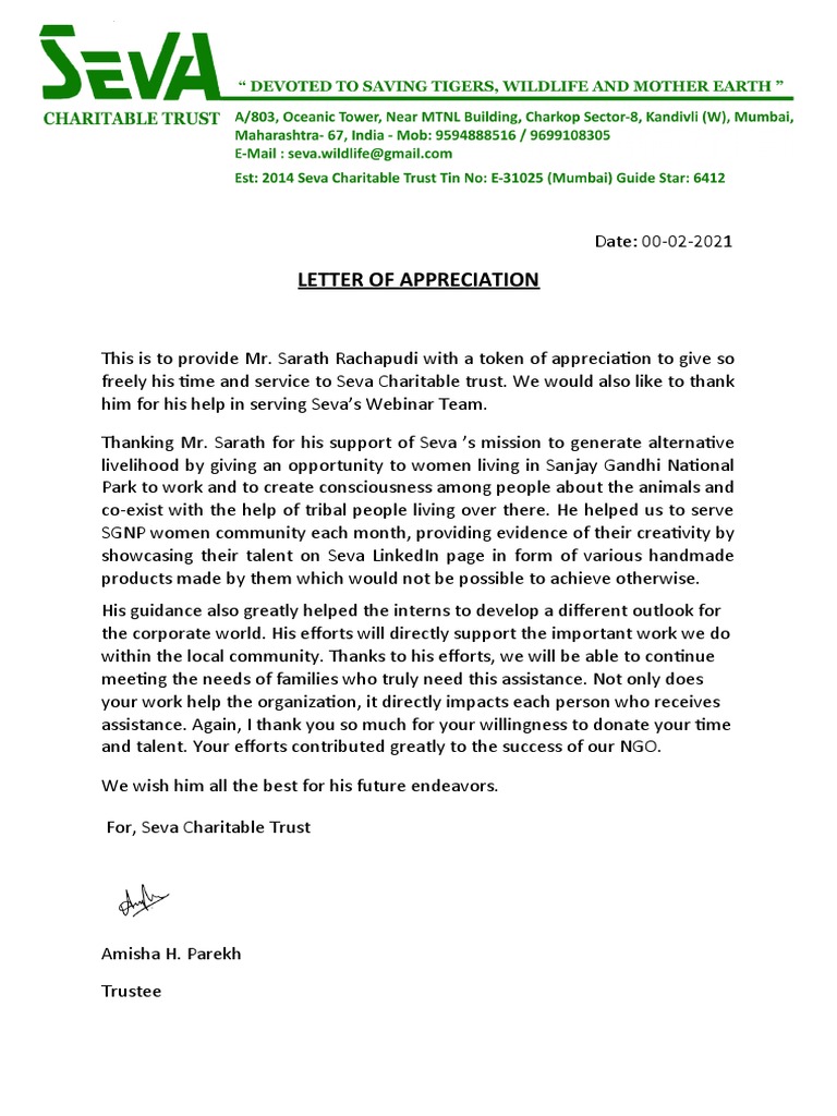 Letter of Appreciation - Sarath Sir | PDF