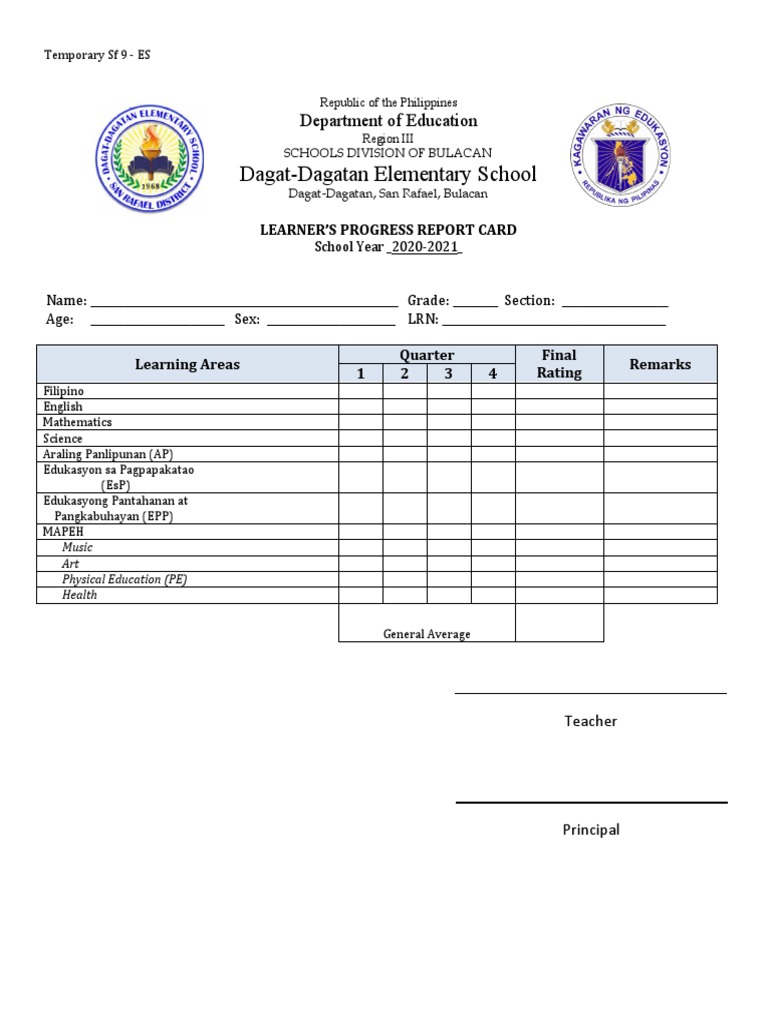 Dagat SF9 (Learners Progress Report Card) Template For ES | PDF