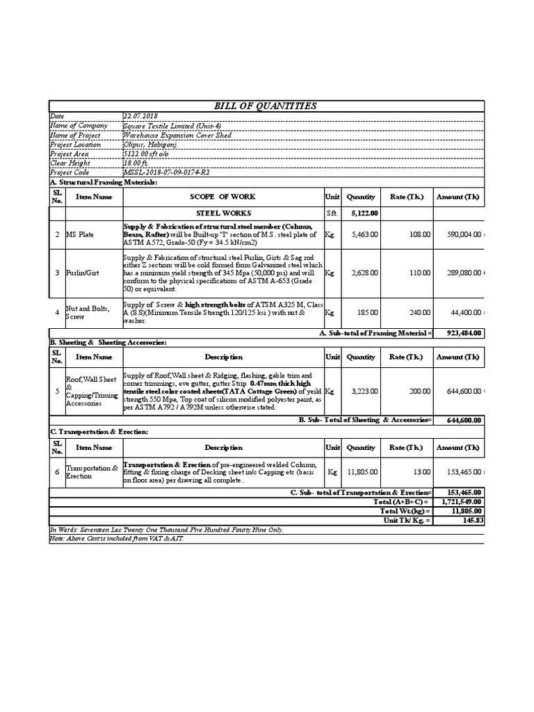 Steel BOQ Square Warehouse Cover Shed 16-7-18 | PDF | Structural Steel ...