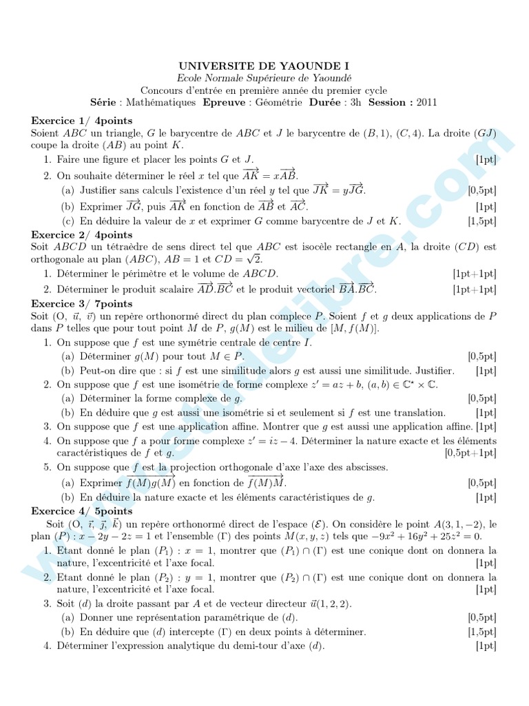 Sujets Concours FSSA 2011 Mathématiques | PDF | Géométrie | Algèbre ...