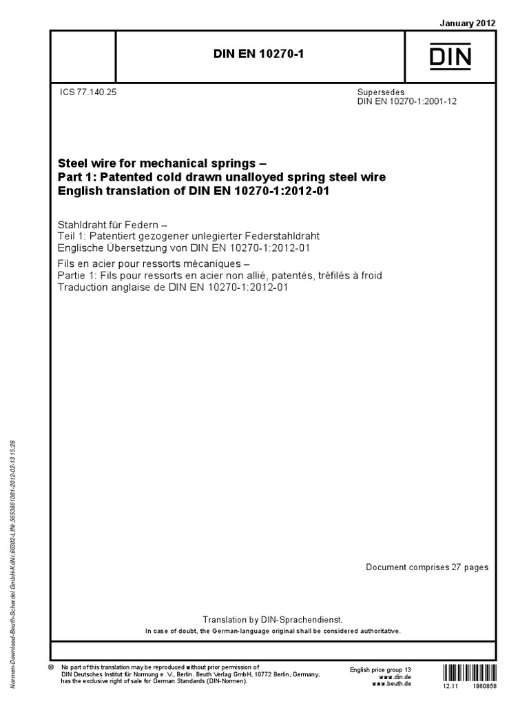 DIN en 10270-1 - Engl - Januar 2012 | PDF | Strength Of Materials | Wire