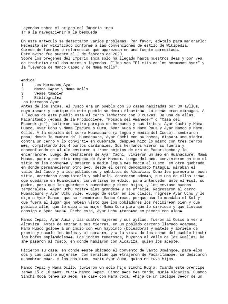 Leyendas del Origen Inca: Hermanos Ayar | PDF | Imperio Inca | Perú