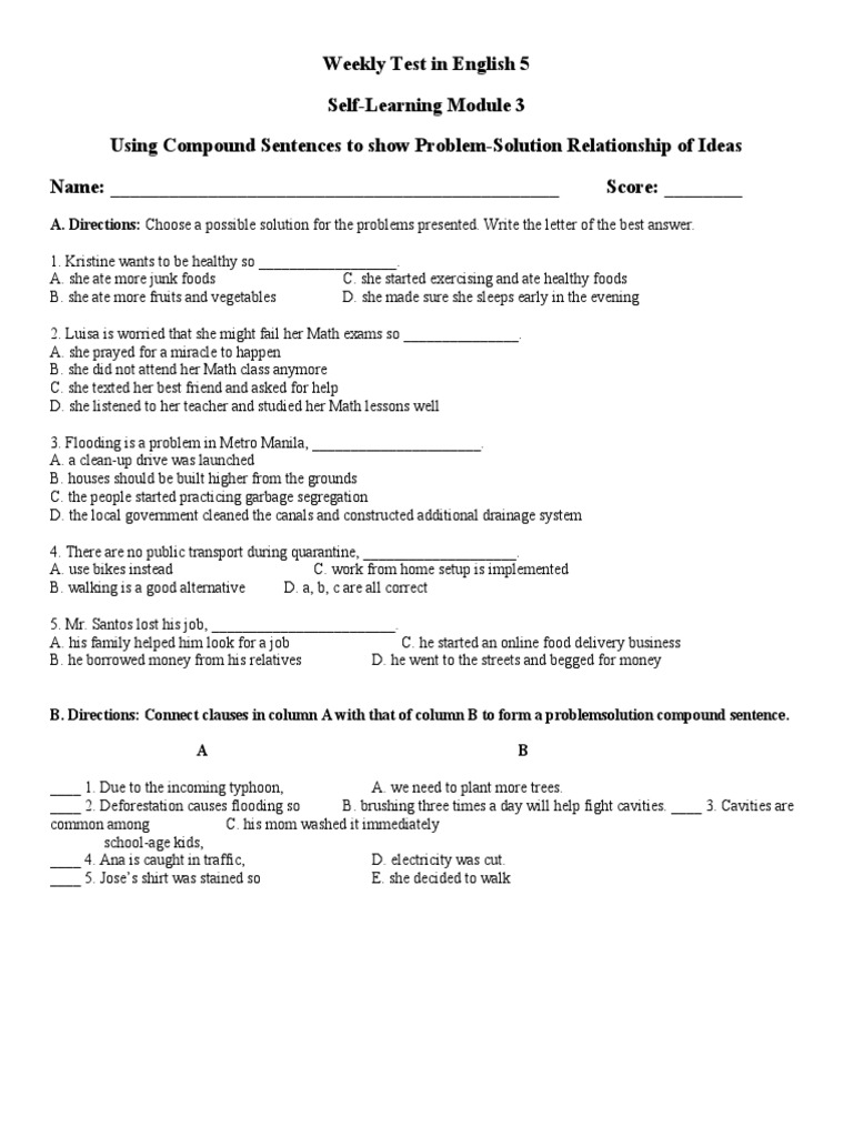 Weekly Test in English 5 Self-Learning Module 3 Using Compound ...