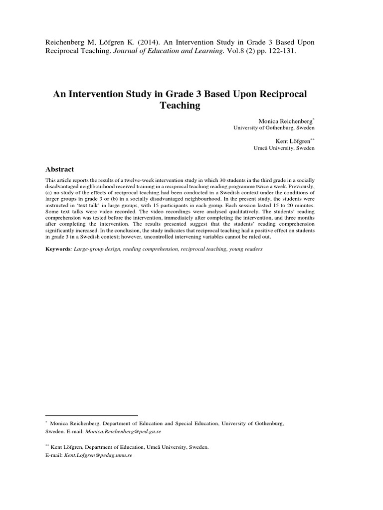 An Intervention Study in Grade 3 Based Upon Reciprocal Teaching | PDF ...
