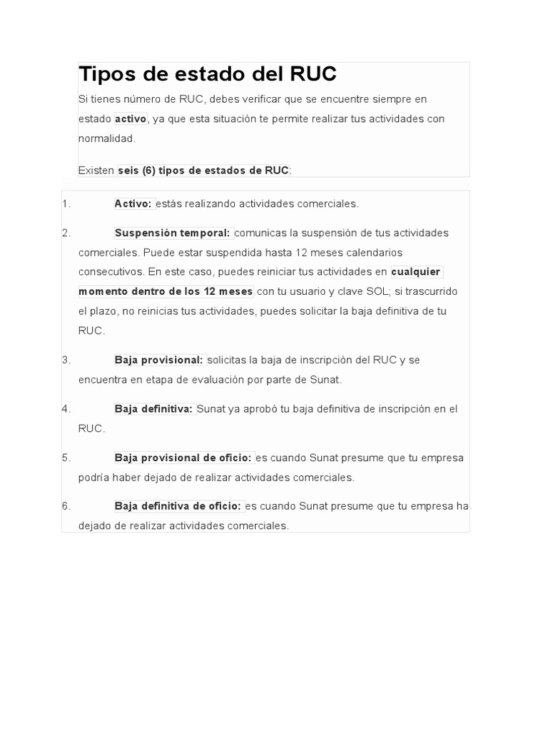 Tipos de Estado Del RUC | PDF