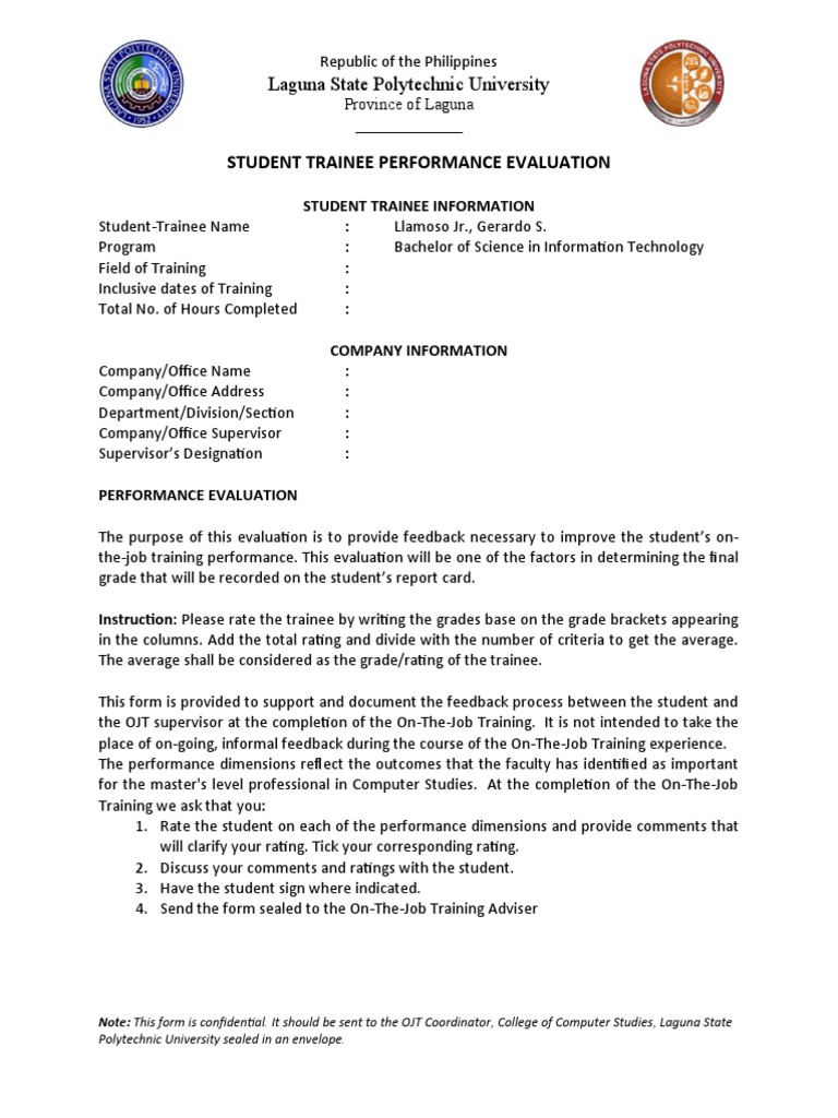 Student Trainee Performance Evaluation | PDF | Performance Appraisal ...