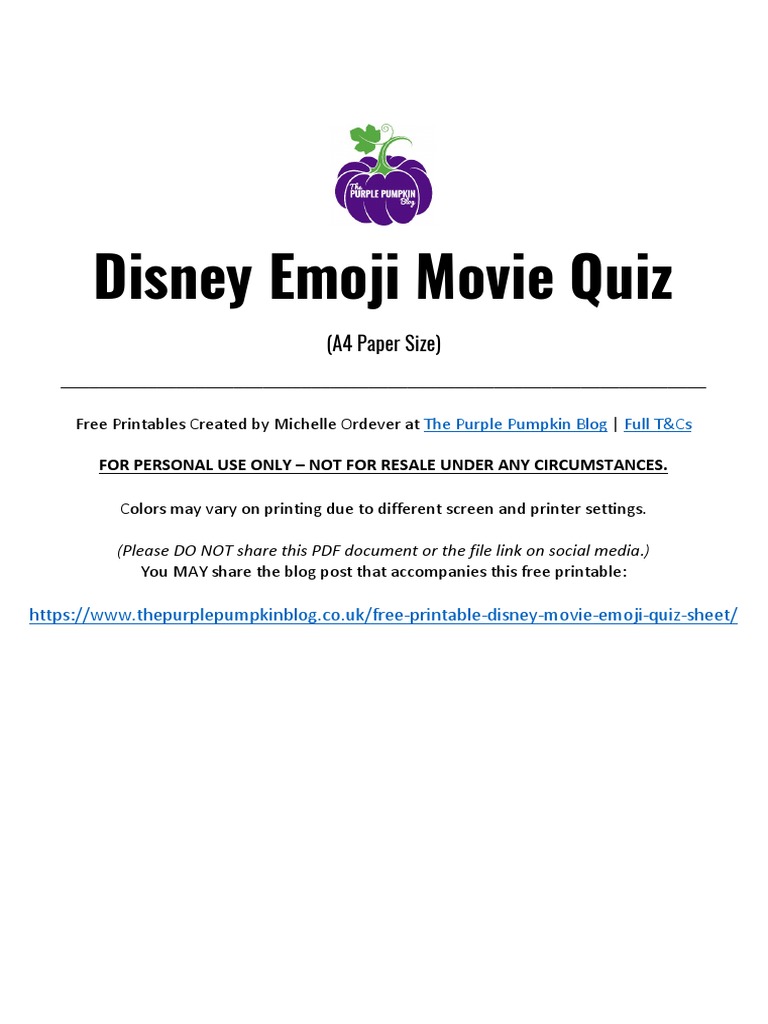 Tppb Free Printable Disney Movie Emoji Quiz Sheet A4 Pdf
