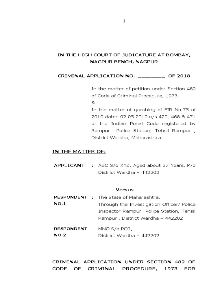 Petition For Quashing of FIR Under Section 482 of Criminal Procedure ... Petition For Quashing of FIR Under Section 482 of Criminal Procedure ...
