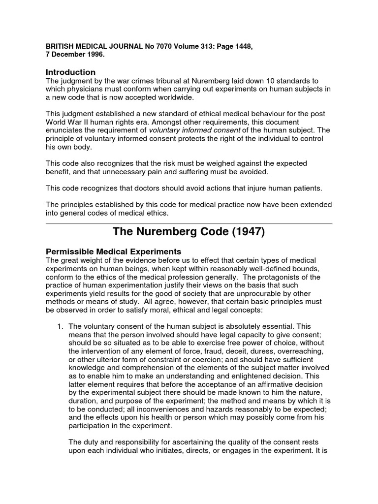 BMJ No 7070 Volume 313 The Nuremberg Code | PDF